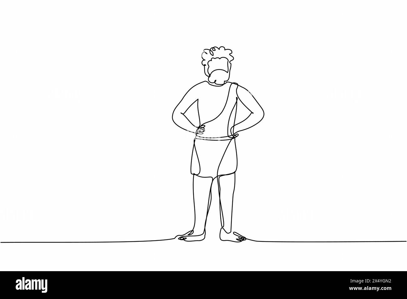 Single continuous line drawing prehistoric man standing with hands on ... Single continuous line drawing prehistoric man standing with hands on ...