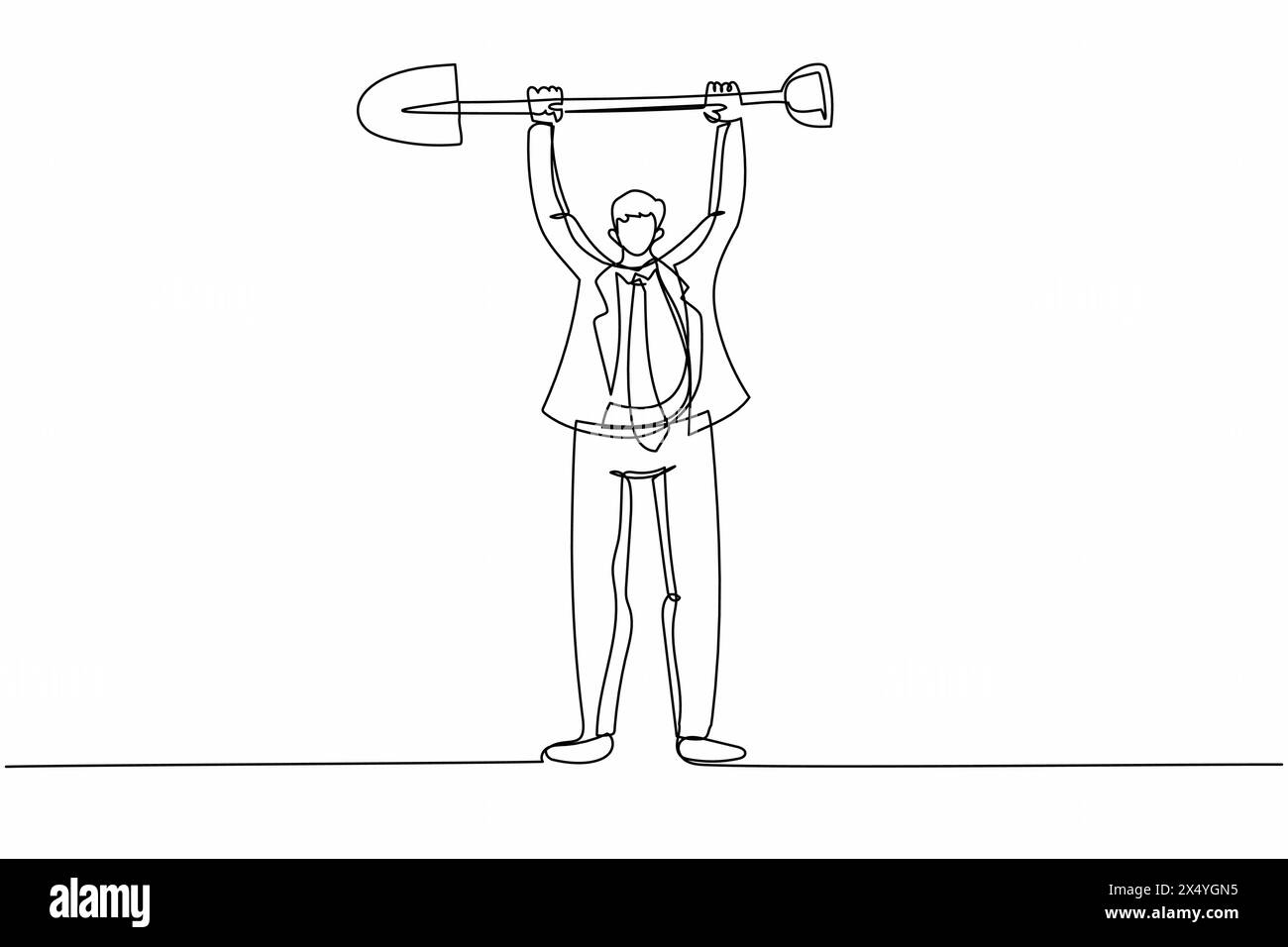 Single continuous line drawing young businessman standing and lifting ...