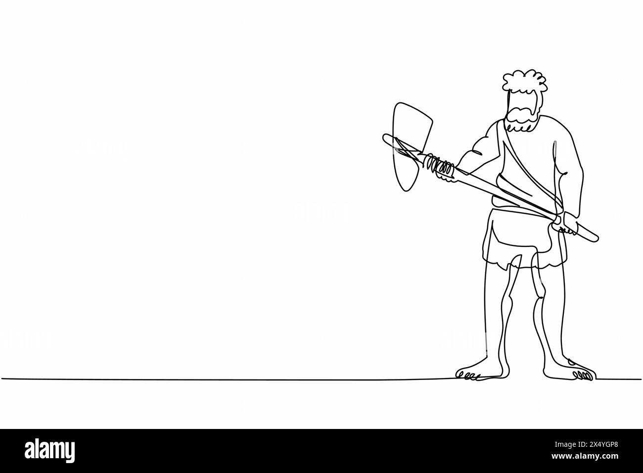 Single one line drawing primitive archaic man wearing clothes made of ...