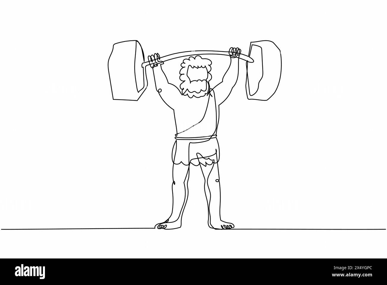 Single continuous line drawing prehistoric man lifting barbell stone ... Single continuous line drawing prehistoric man lifting barbell stone ...