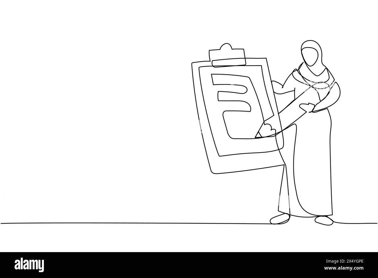 Single one line drawing Arab businesswoman holding clipboard ...