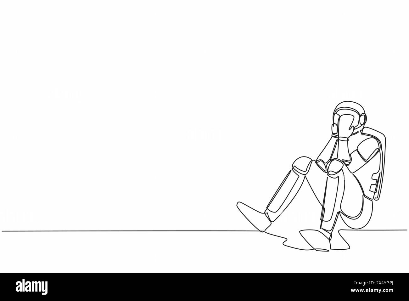 Single one line drawing young astronaut cover his face by hands and ...