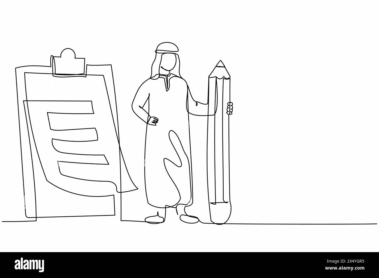Single continuous line drawing Arabian businessman holding big pencil ...