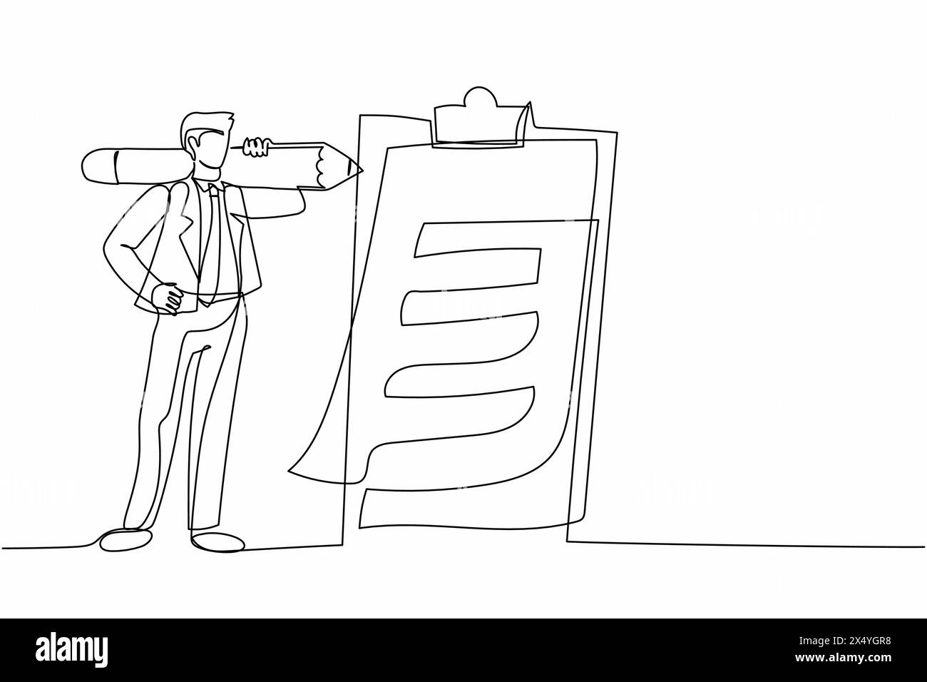 Continuous one line drawing positive businessman with giant pencil on ...