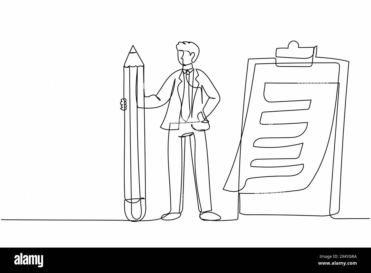 Continuous one line drawing businessman holding big pencil looking at ...