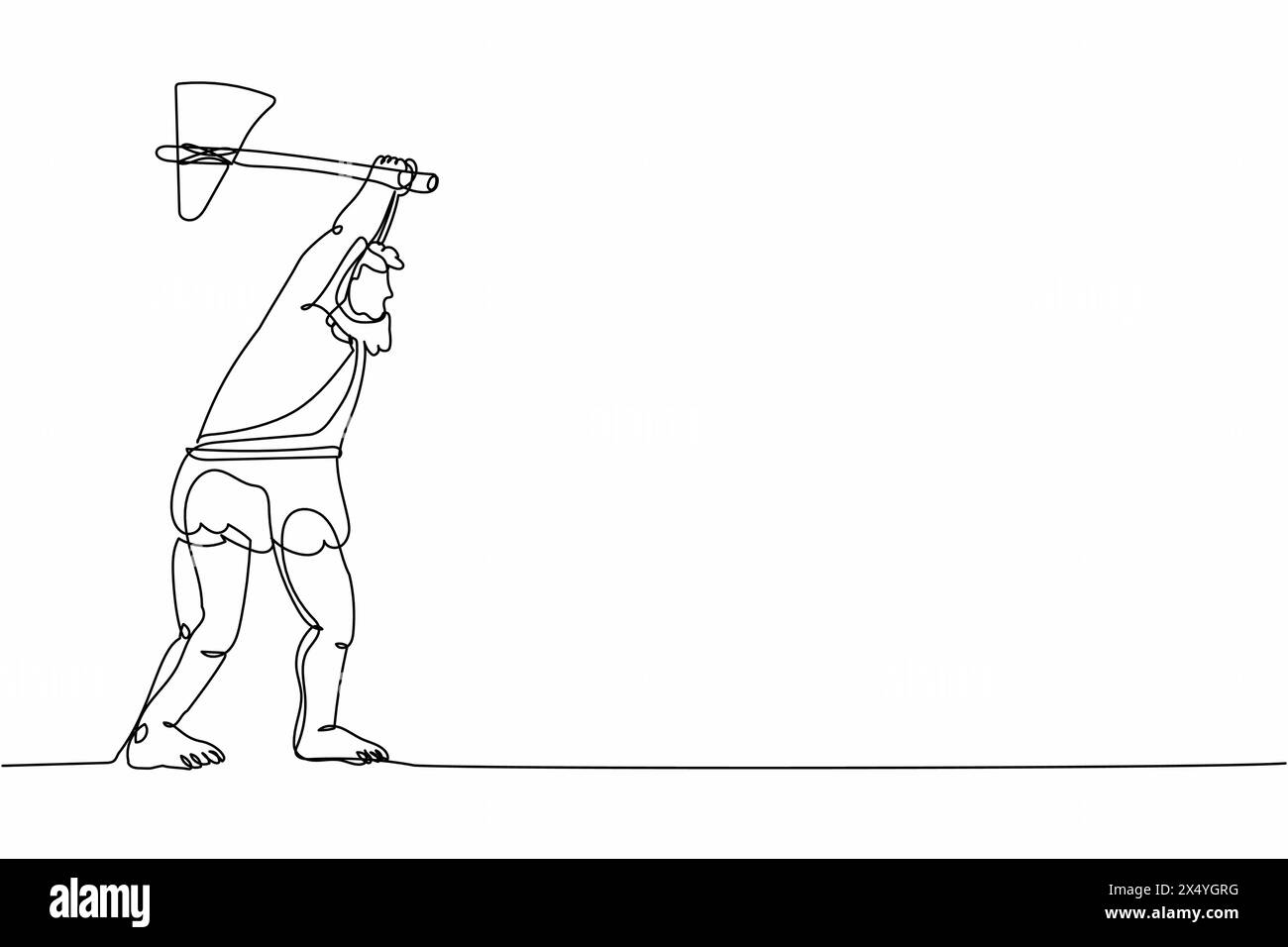 Single one line drawing prehistoric man holding and raised stone axes ...