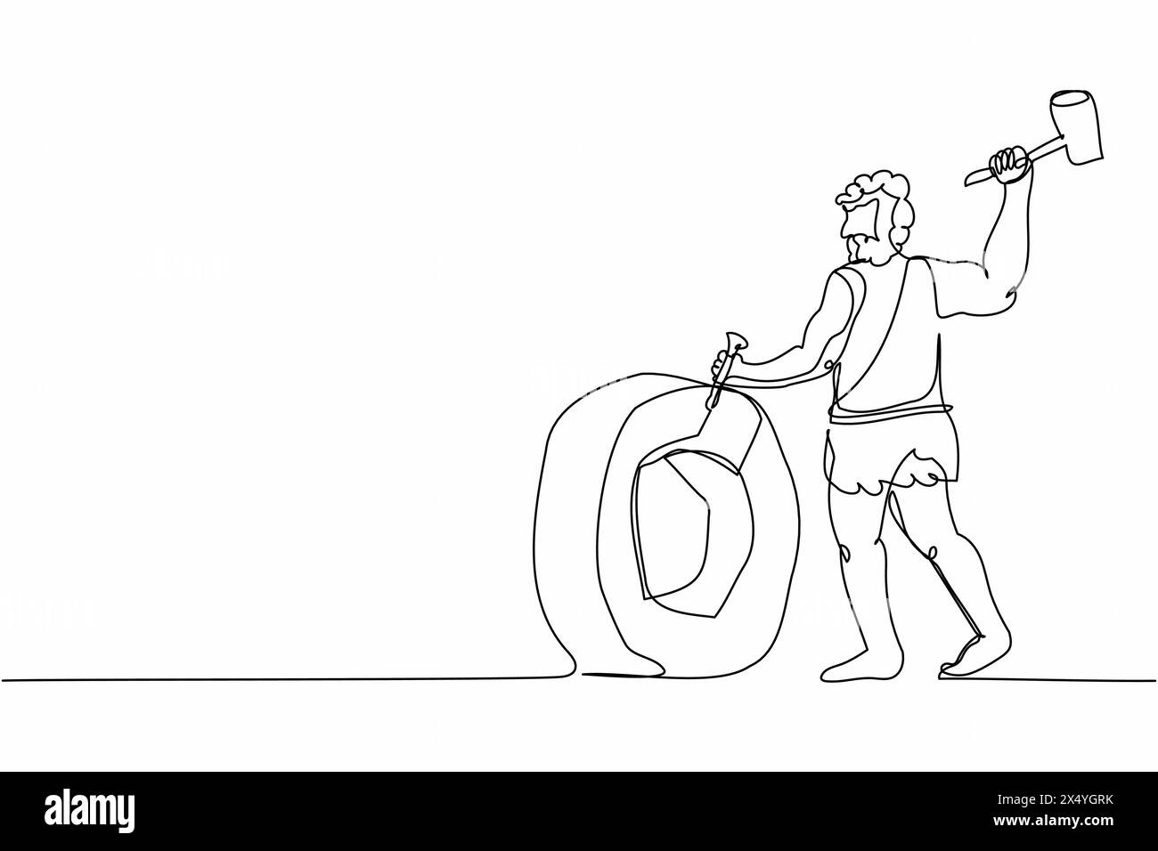 Single one line drawing caveman inventing the wheel. Prehistoric ...
