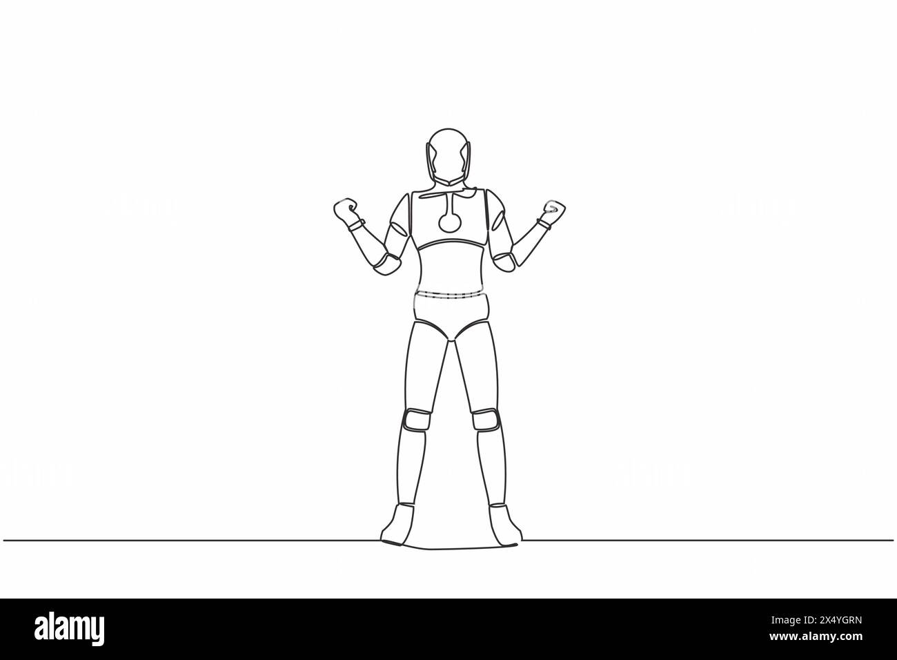 Continuous one line drawing of happy robot standing with both hands yes gesture. Humanoid ...