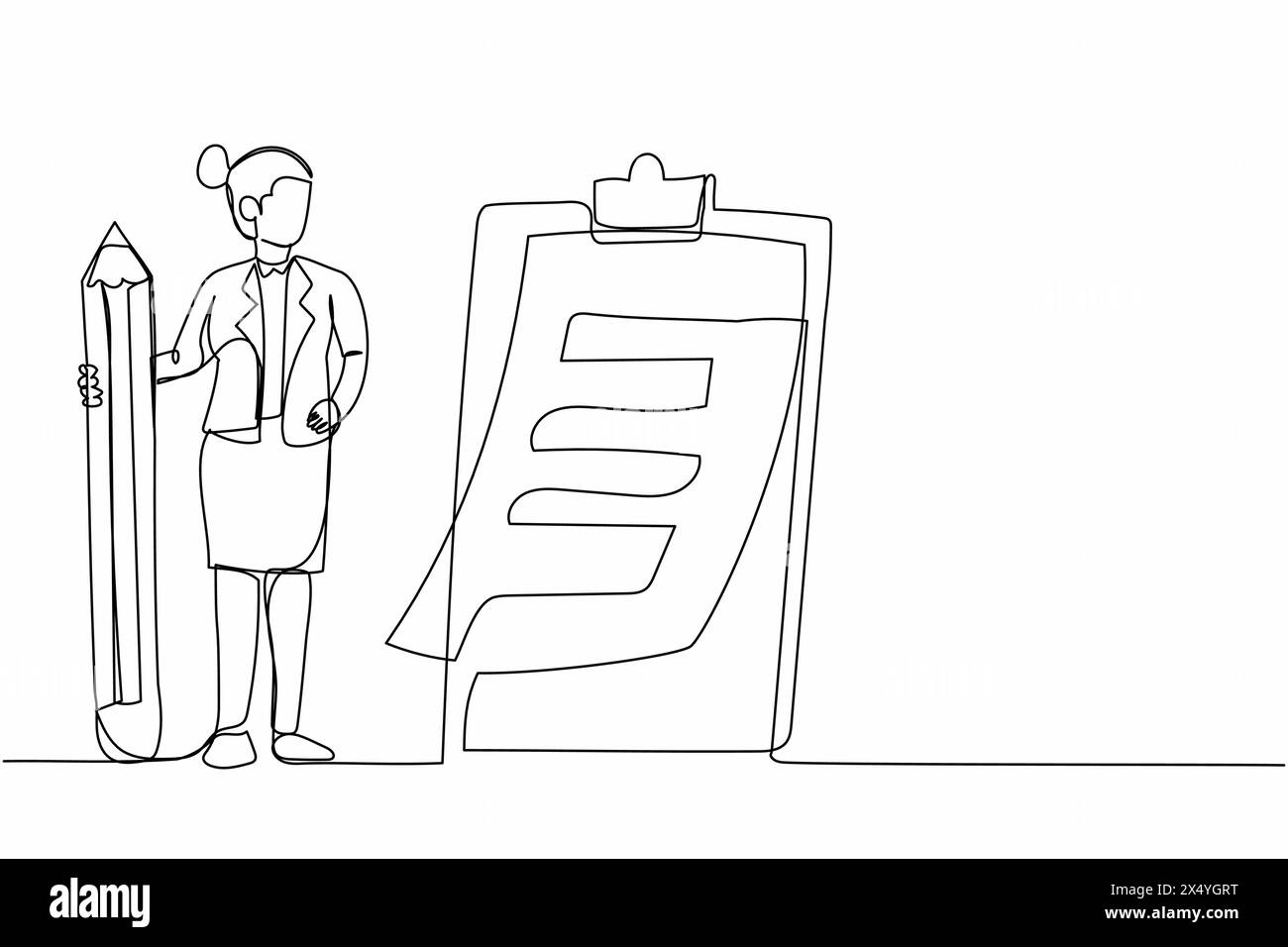 Single one line drawing businesswoman holding big pencil looking at ...