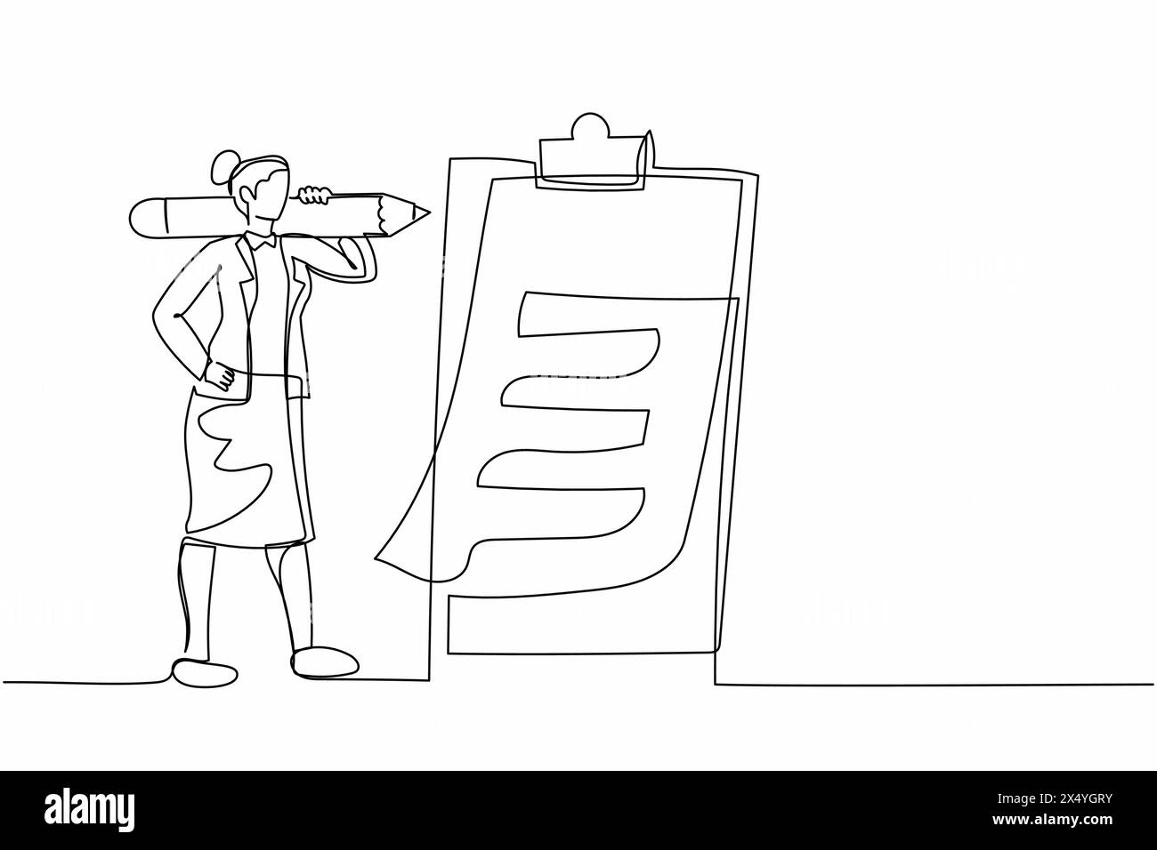 Single continuous line drawing active businesswoman with giant pencil ...
