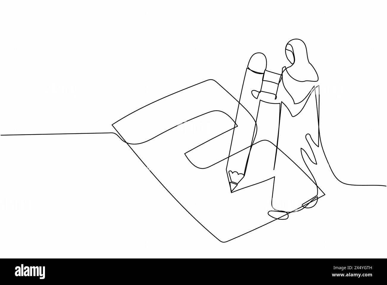 Single continuous line drawing Arab businesswoman writing survey form ...