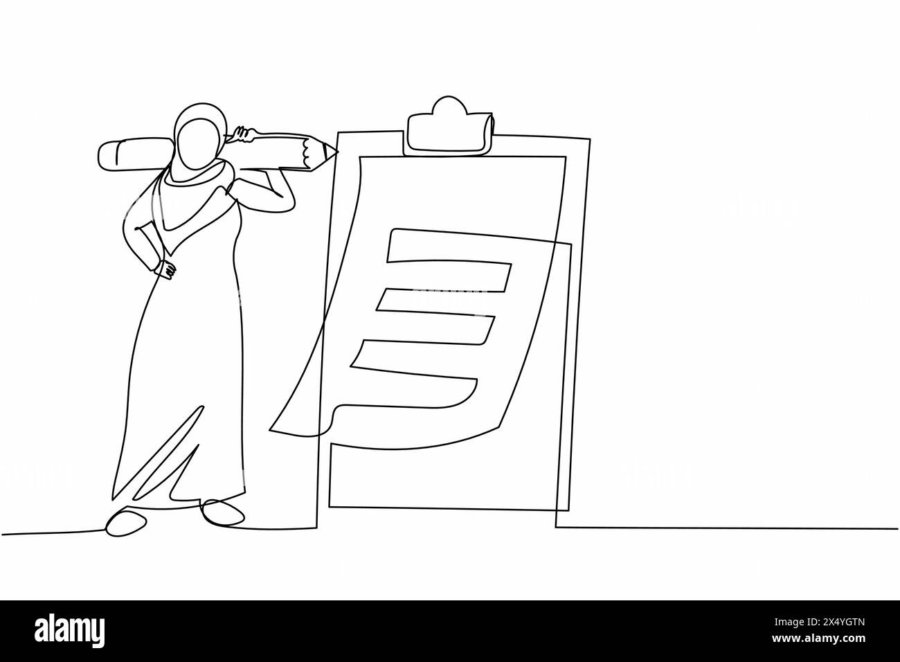 Single continuous line drawing Arab businesswoman with giant pencil on ...