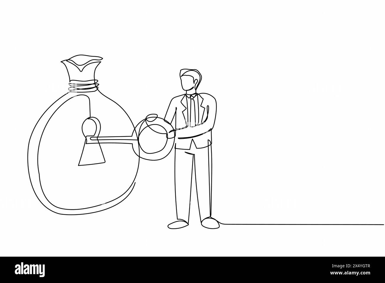 Single one line drawing businessman putting big key into money bag ...