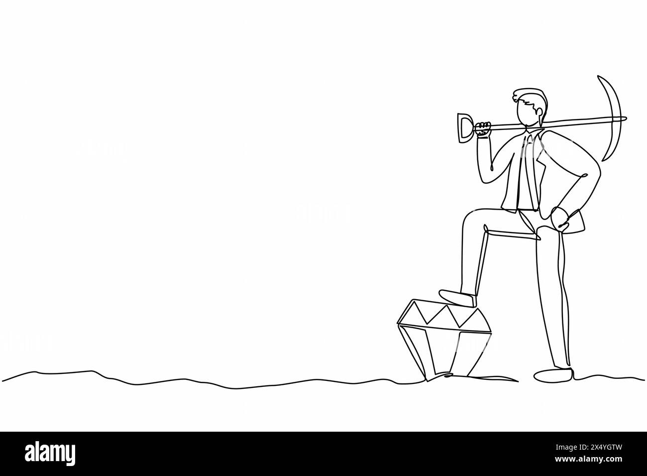 Single one line drawing businessman holding pickaxe on shoulder and ...