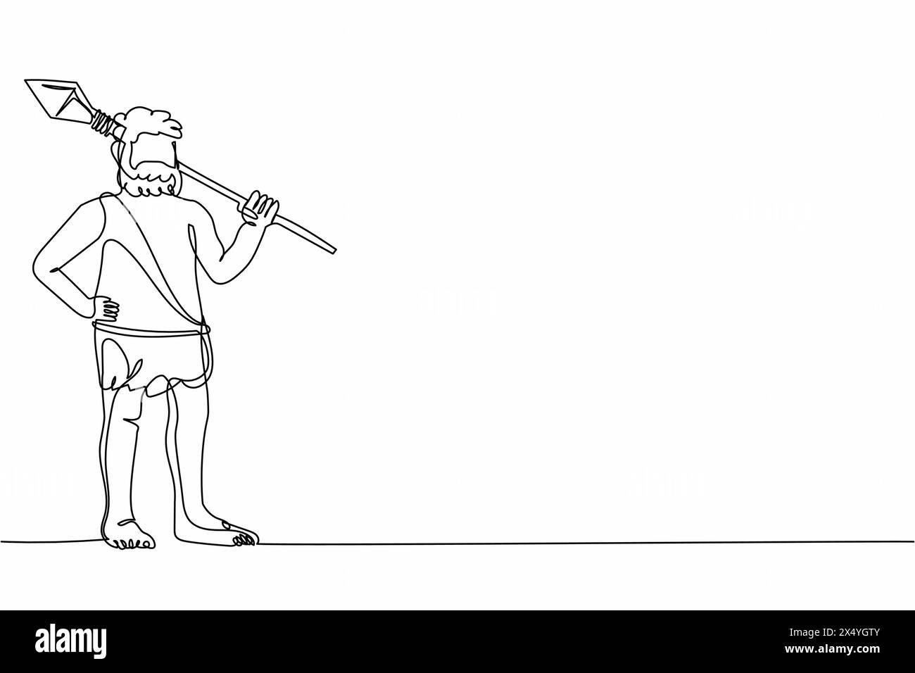 Single one line drawing caveman holding stone spear on shoulders ...
