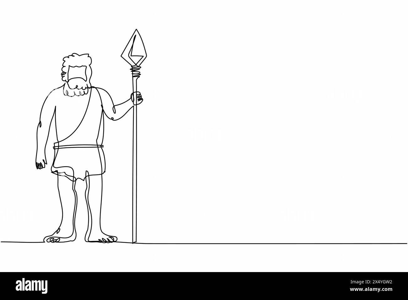 Continuous one line drawing man stand with prehistoric spear old cave ...