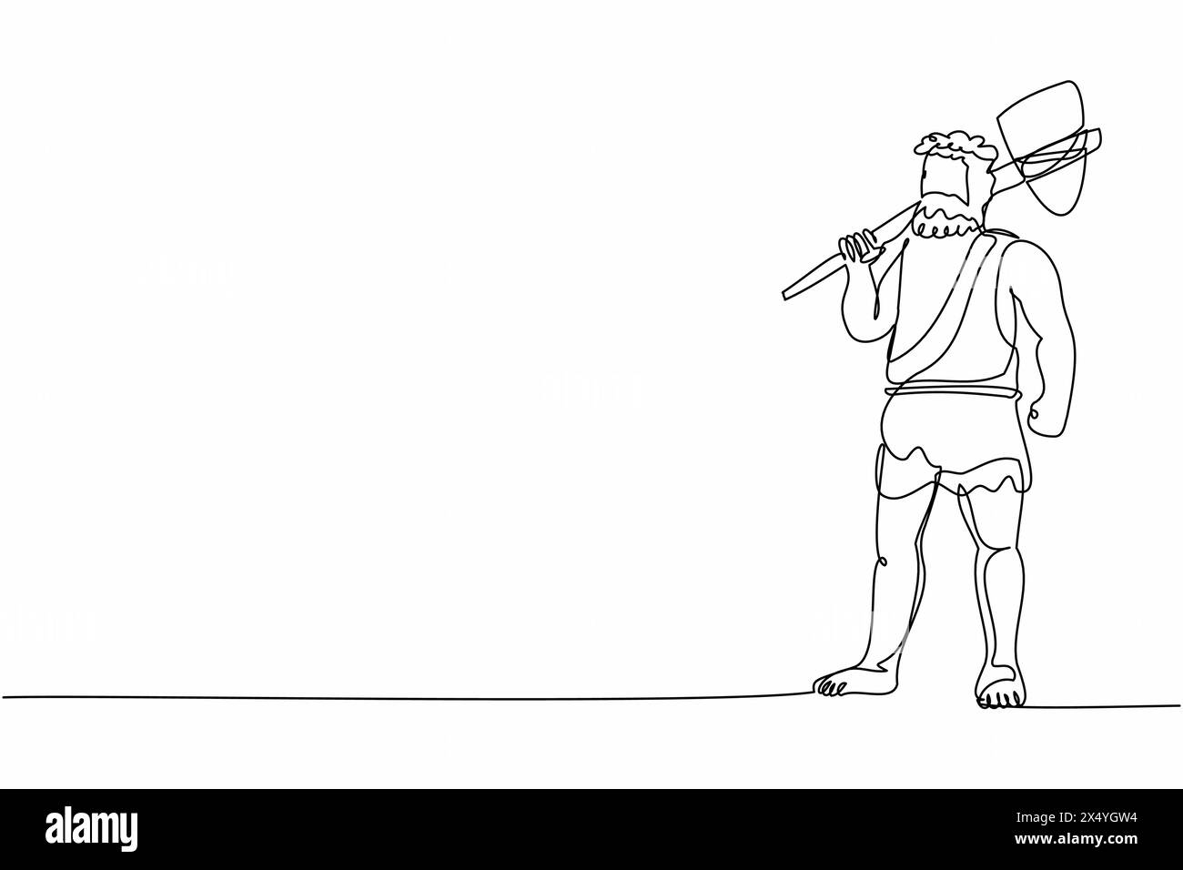 Continuous one line drawing prehistoric man holding stone axe on ...