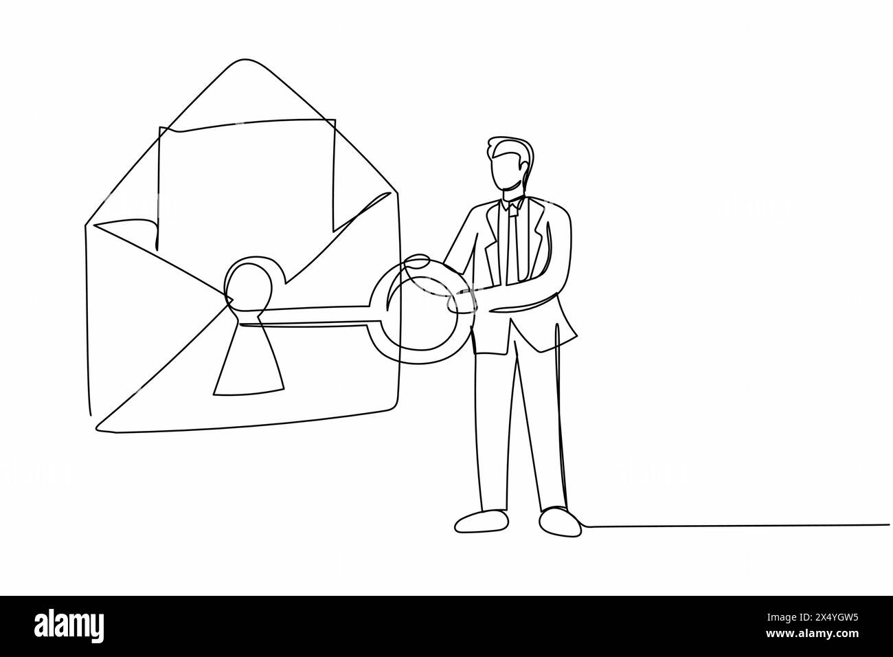 Continuous one line drawing smart businessman putting big key into mail ...