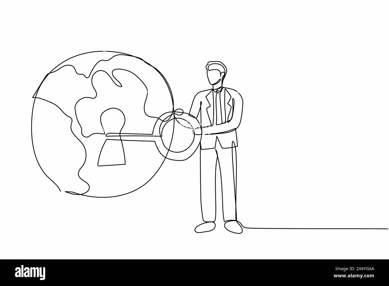 Single continuous line drawing businessman putting big key into globe ...