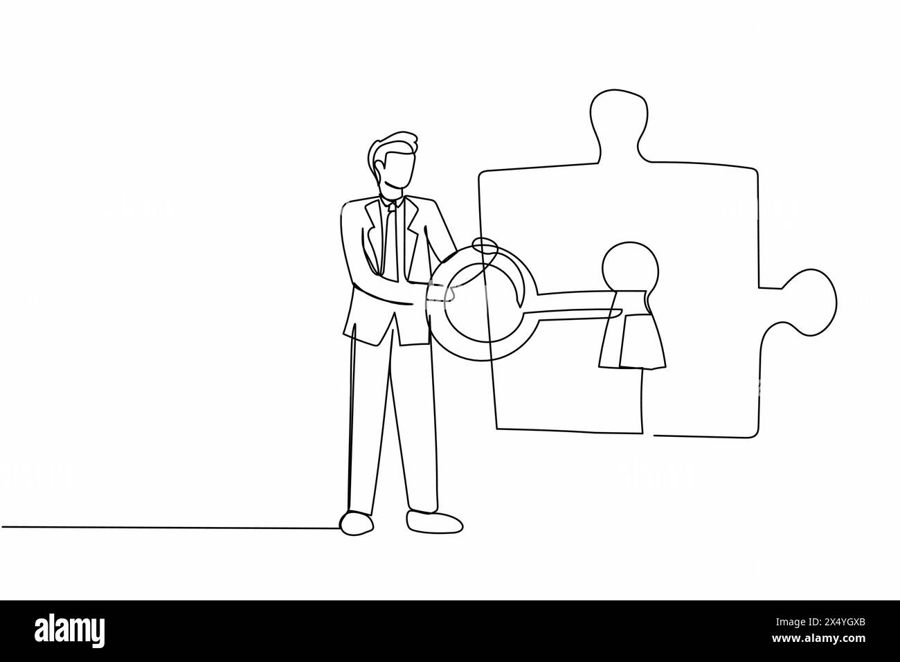 Single continuous line drawing businessman putting big key into puzzle ...