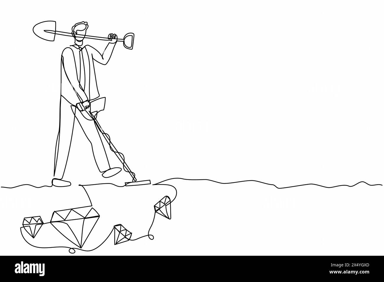 Single one line drawing businessman with shovel and metal detector ...