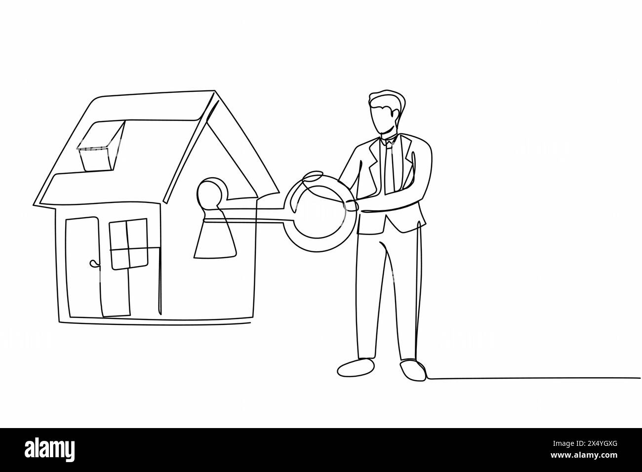 Single continuous line drawing businessman putting big key into house ...