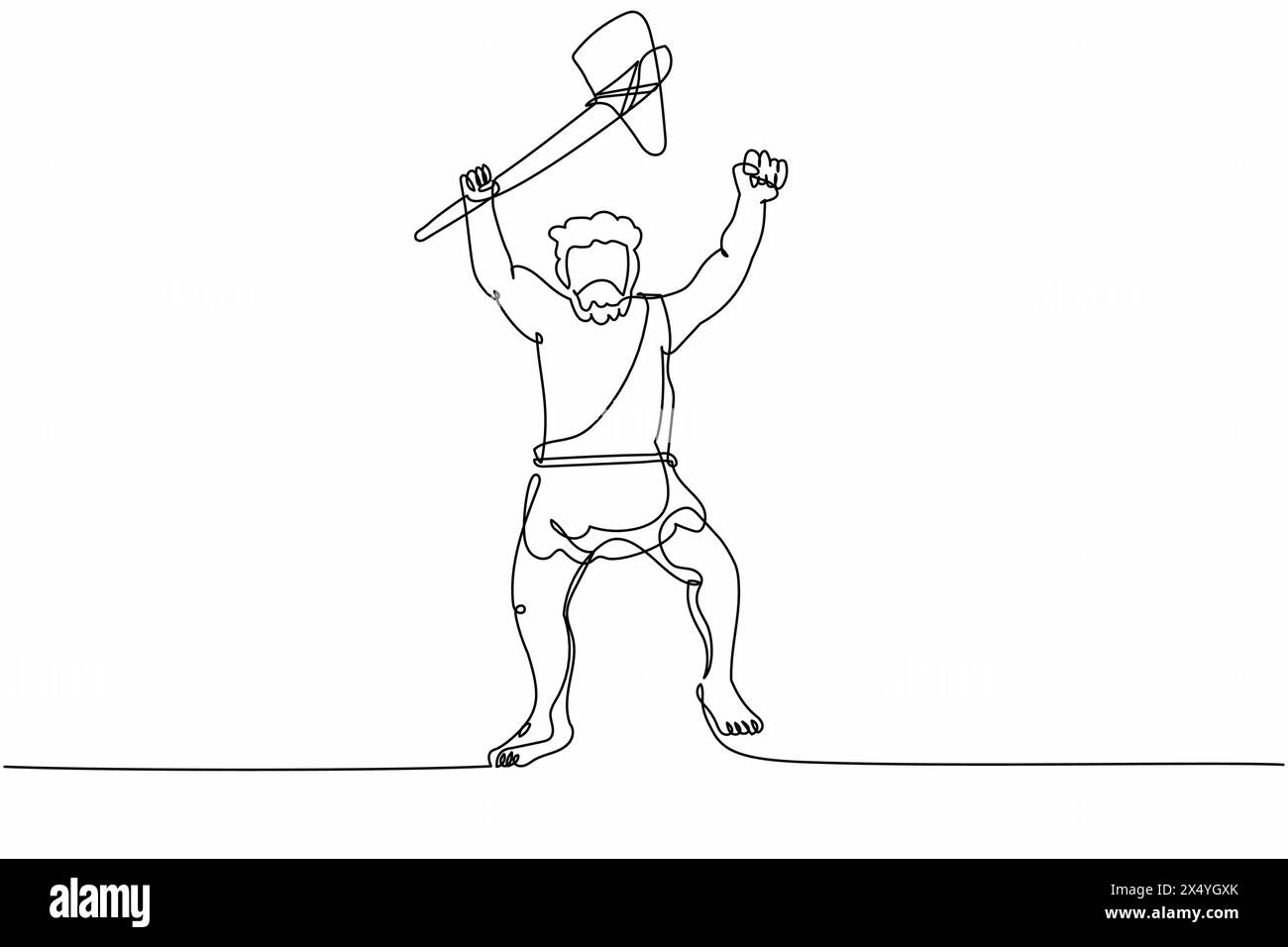 Single one line drawing caveman holding and raised stone axe overhead ...
