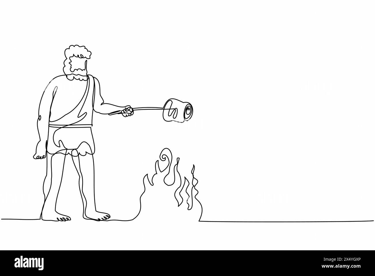 Single continuous line drawing caveman stands and cooking meat food on ...