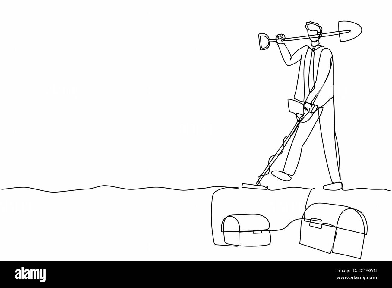Continuous one line drawing businessman with shovel and metal detector ...