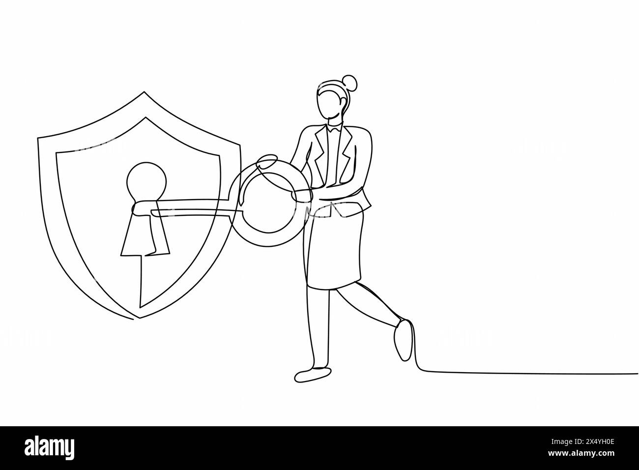 Single continuous line drawing businesswoman put key into shield ...