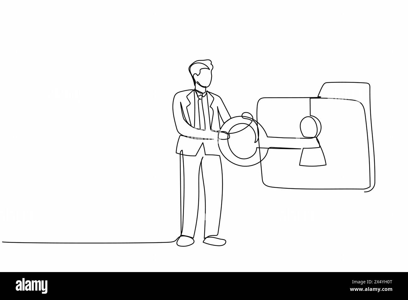 Single continuous line drawing businessman putting big key into folder ...
