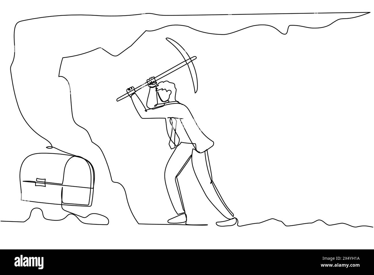Continuous one line drawing young businessman digging with pickaxe ...