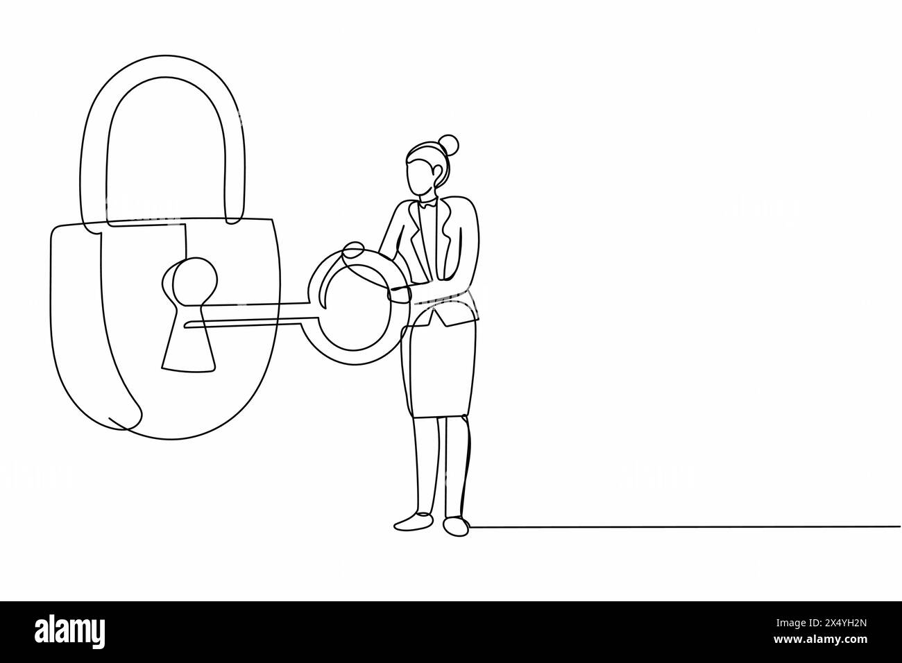 Single continuous line drawing businesswoman putting big key into ...
