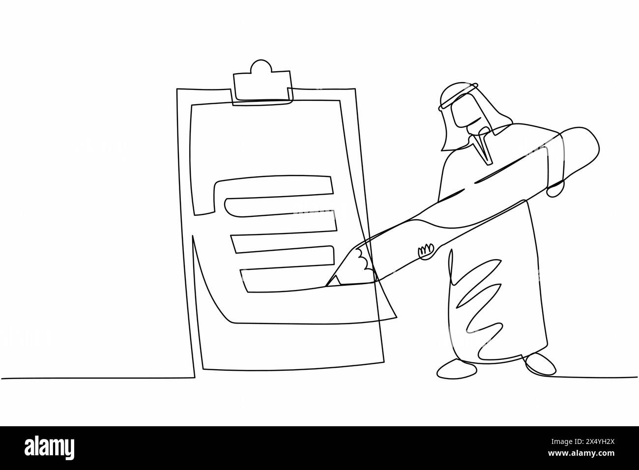 Single continuous line drawing Arabian businessman writing on clipboard ...