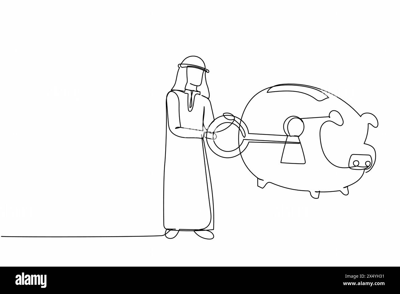 Continuous one line drawing Arab businessman putting big key into piggy ...