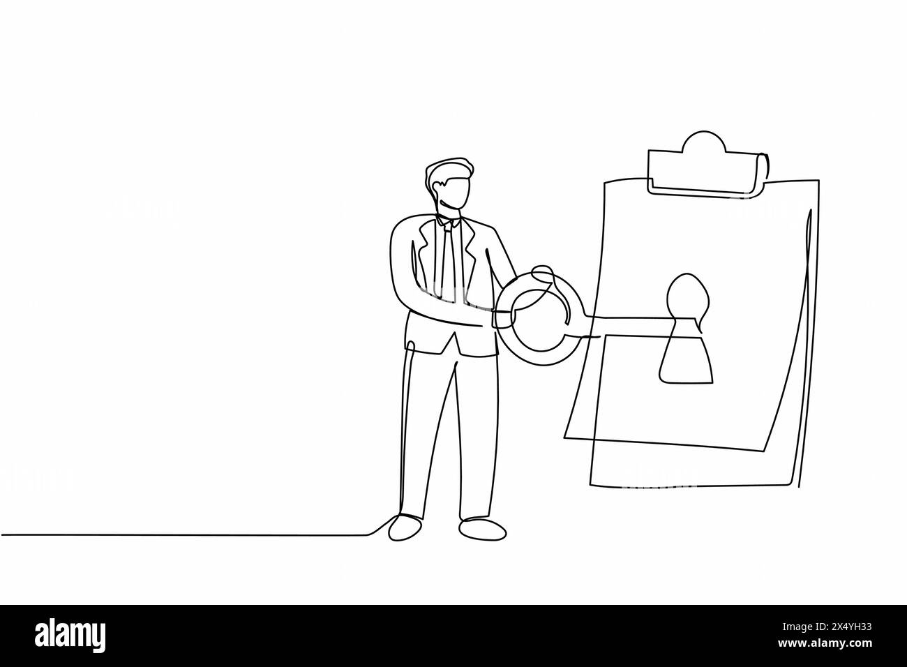 Single one line drawing businessman putting big key into clipboard ...