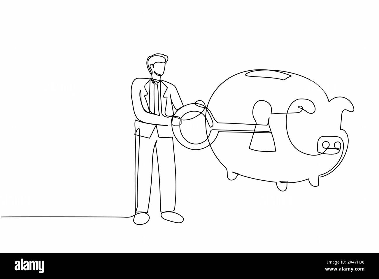Continuous one line drawing businessman putting big key into piggy bank ...