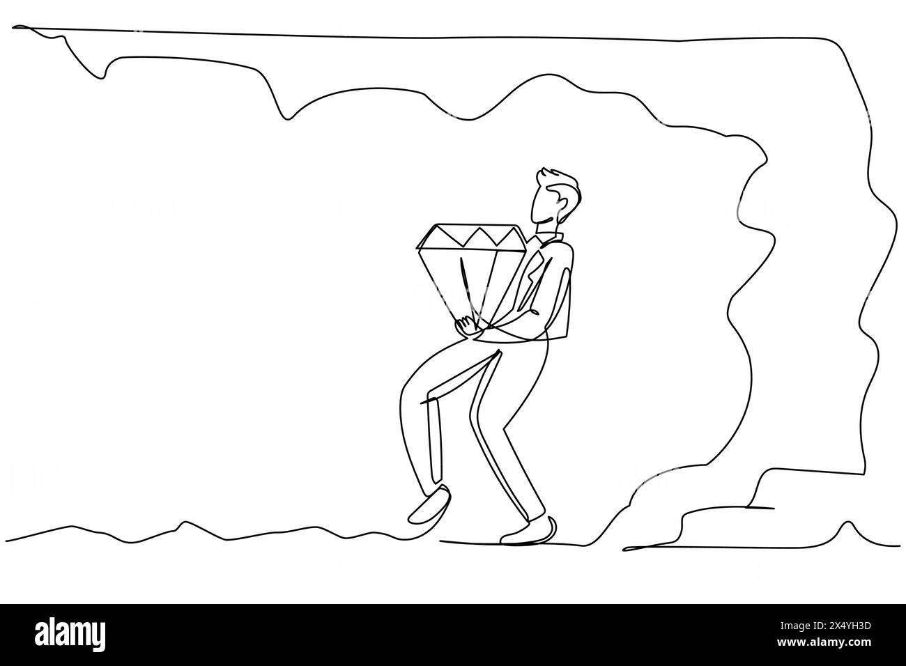Single one line drawing attractive businessman carrying big diamond ...