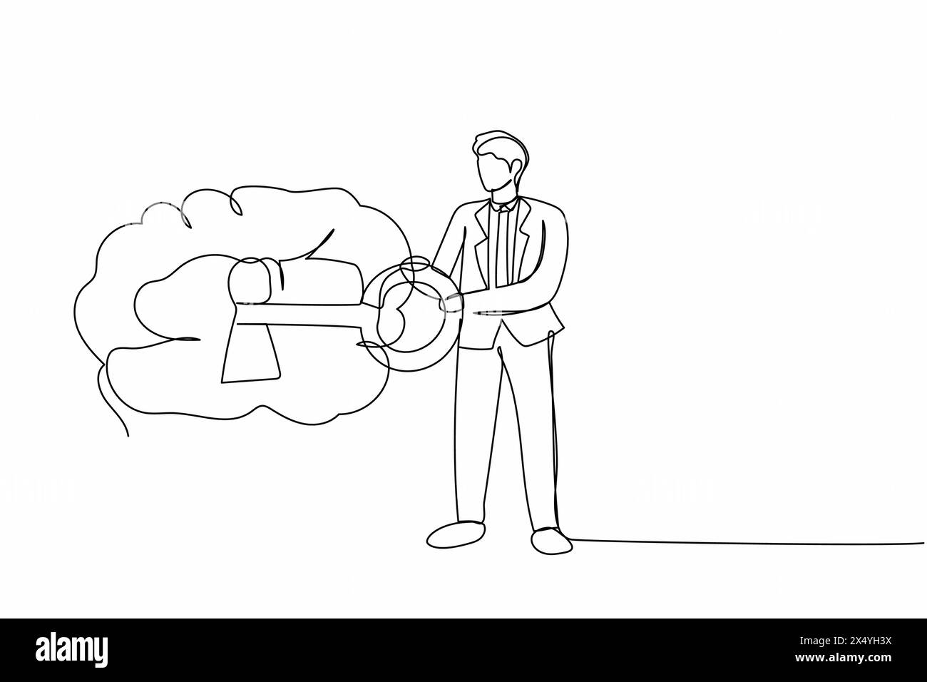 Continuous one line drawing businessman putting key into brain. Open ...