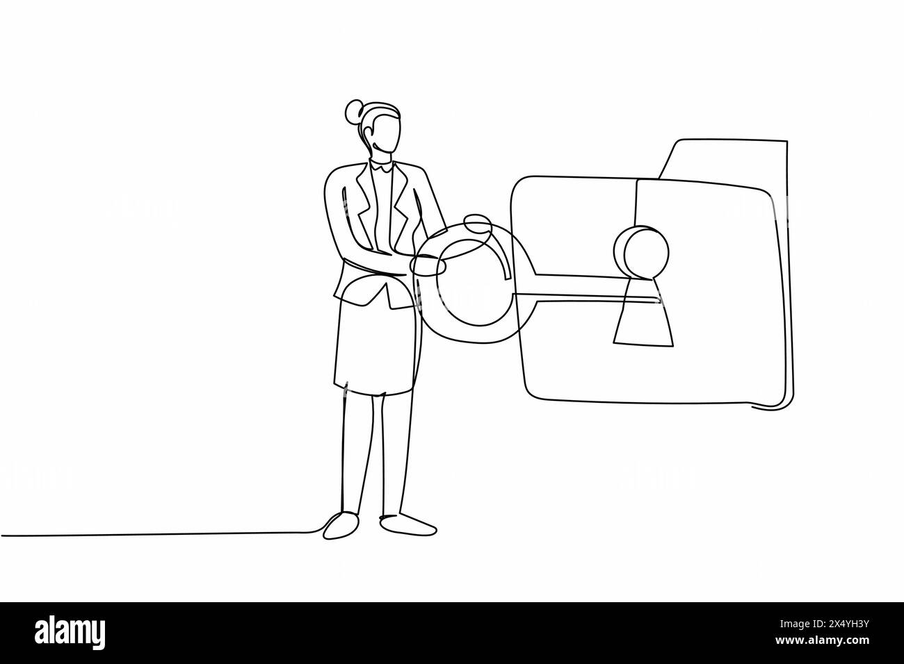Continuous one line drawing businesswoman put key into folder. Digital ...
