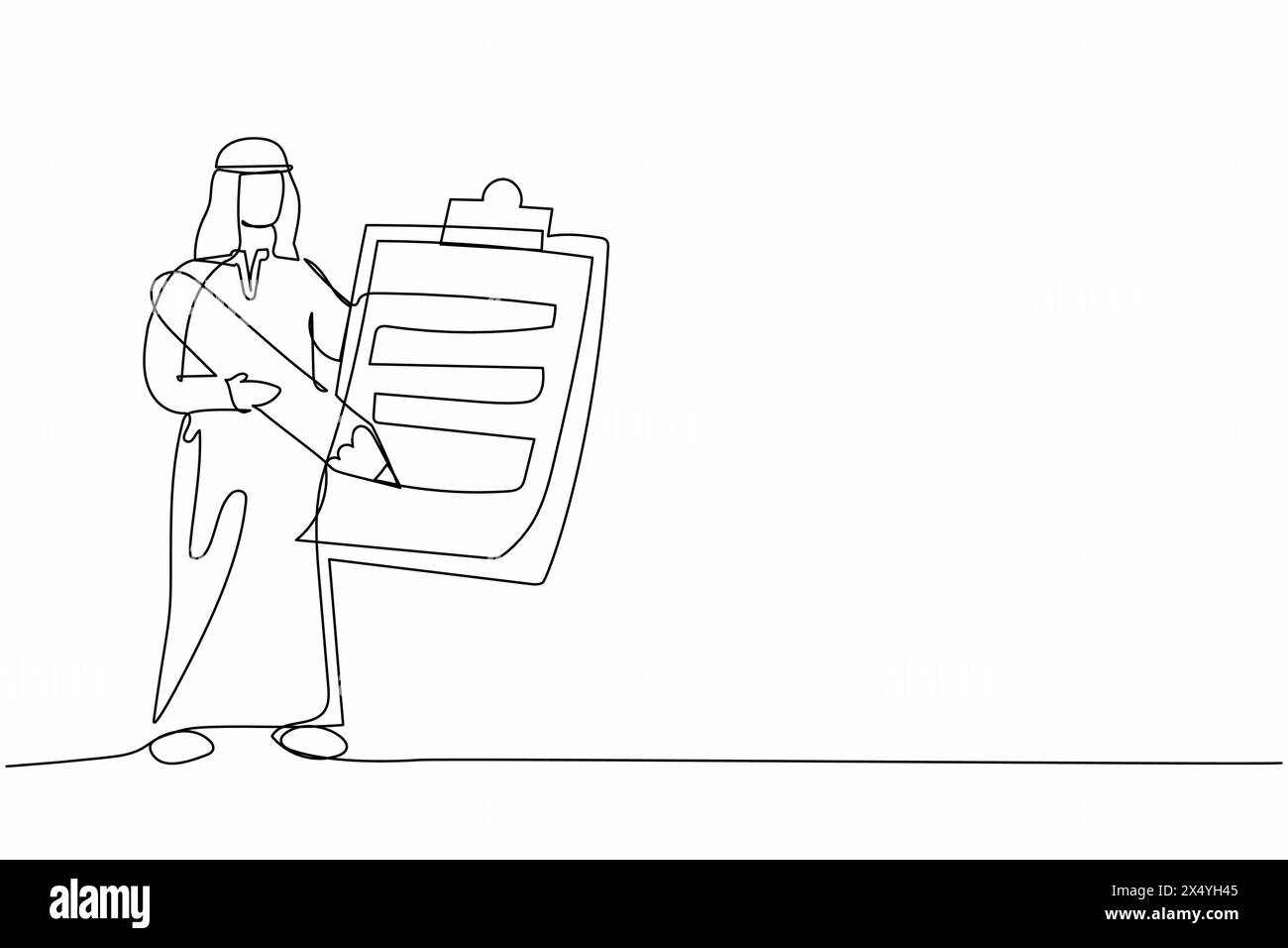 Single one line drawing Arab businessman standing and holding clipboard ...