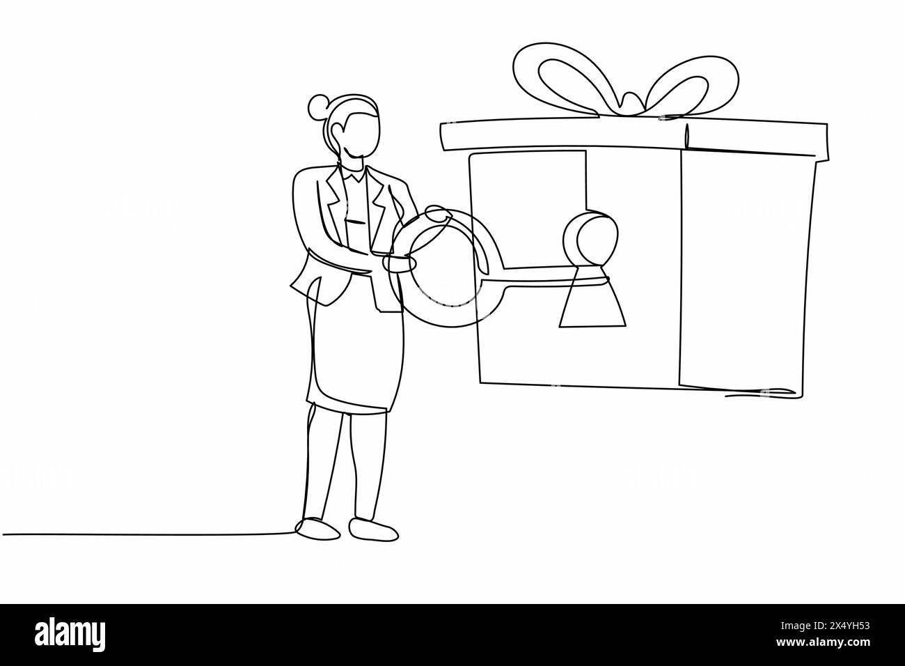 Single continuous line drawing businesswoman put key into gift box with ...