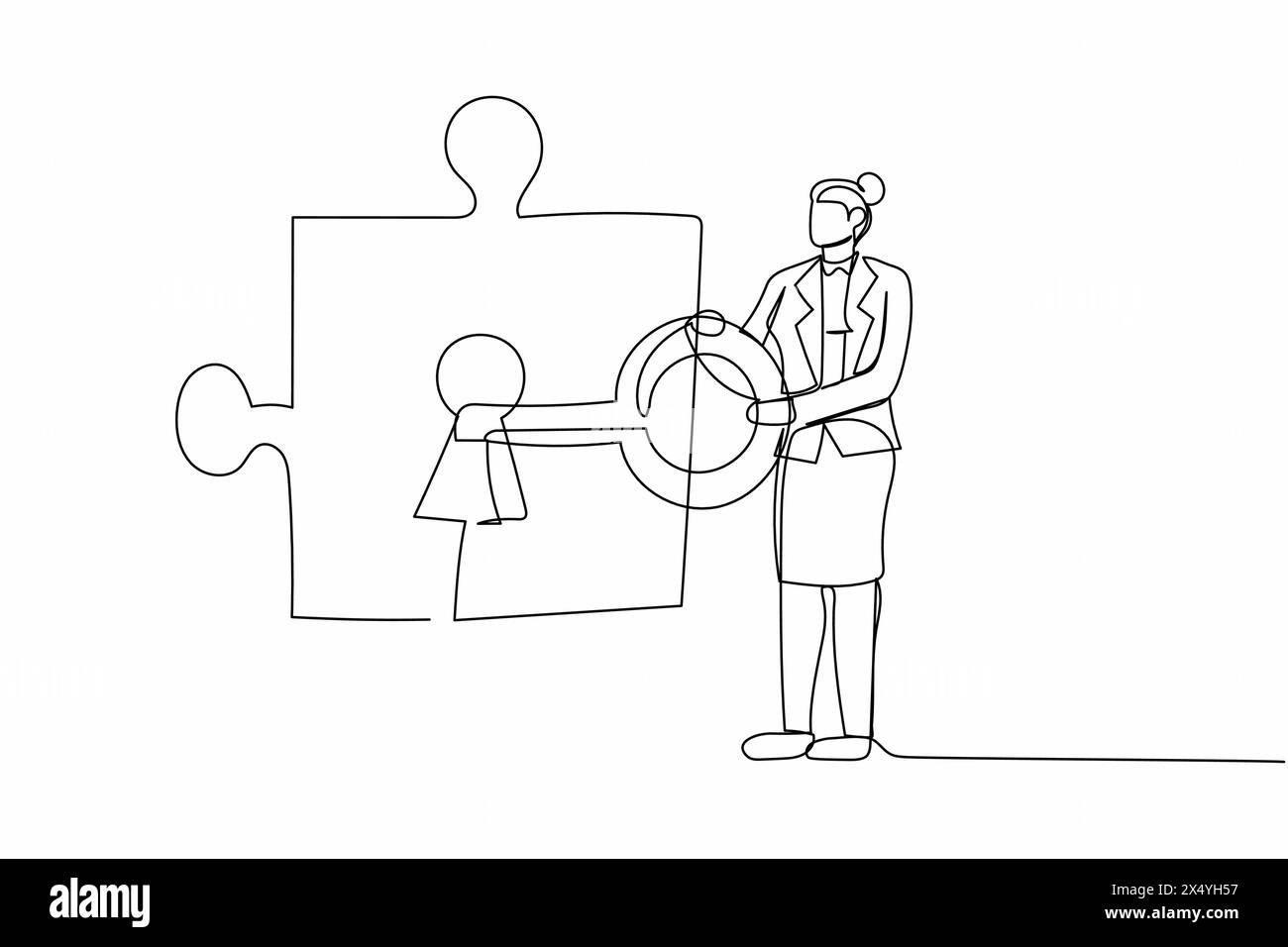 Continuous one line drawing businesswoman put key into puzzle piece ...