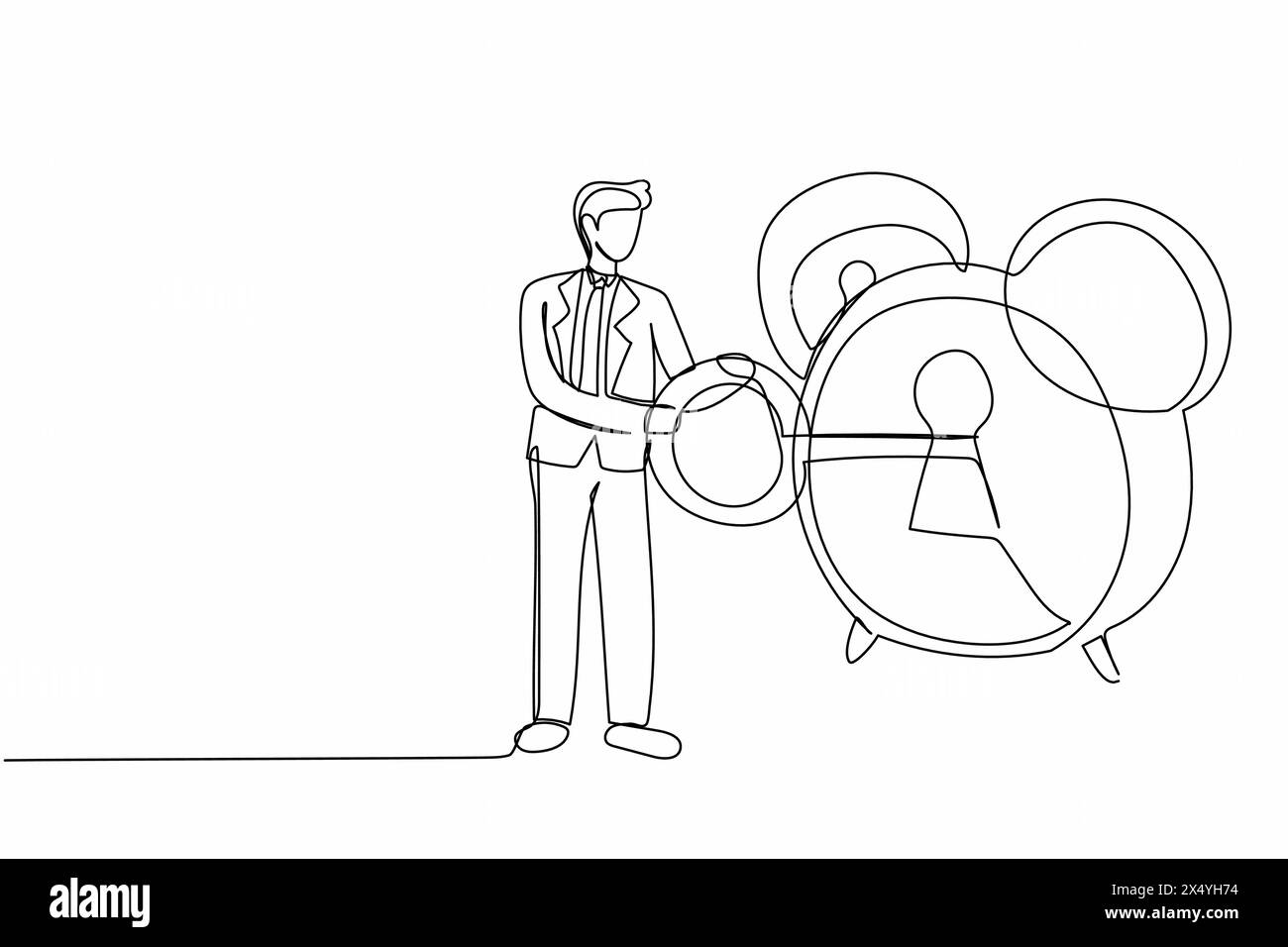 Continuous one line drawing businessman putting big key into alarm ...