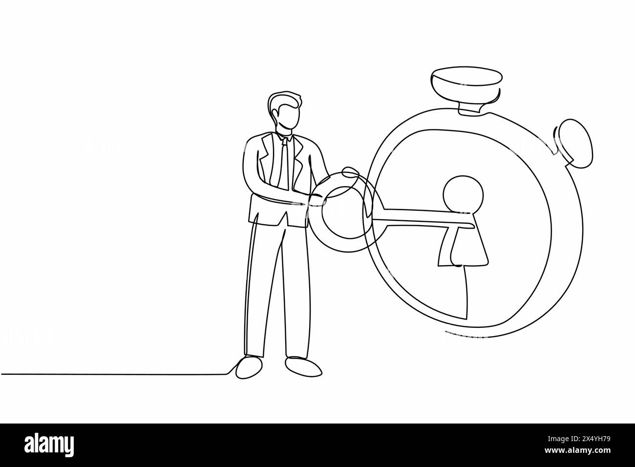 Continuous one line drawing businessman putting big key into stopwatch ...