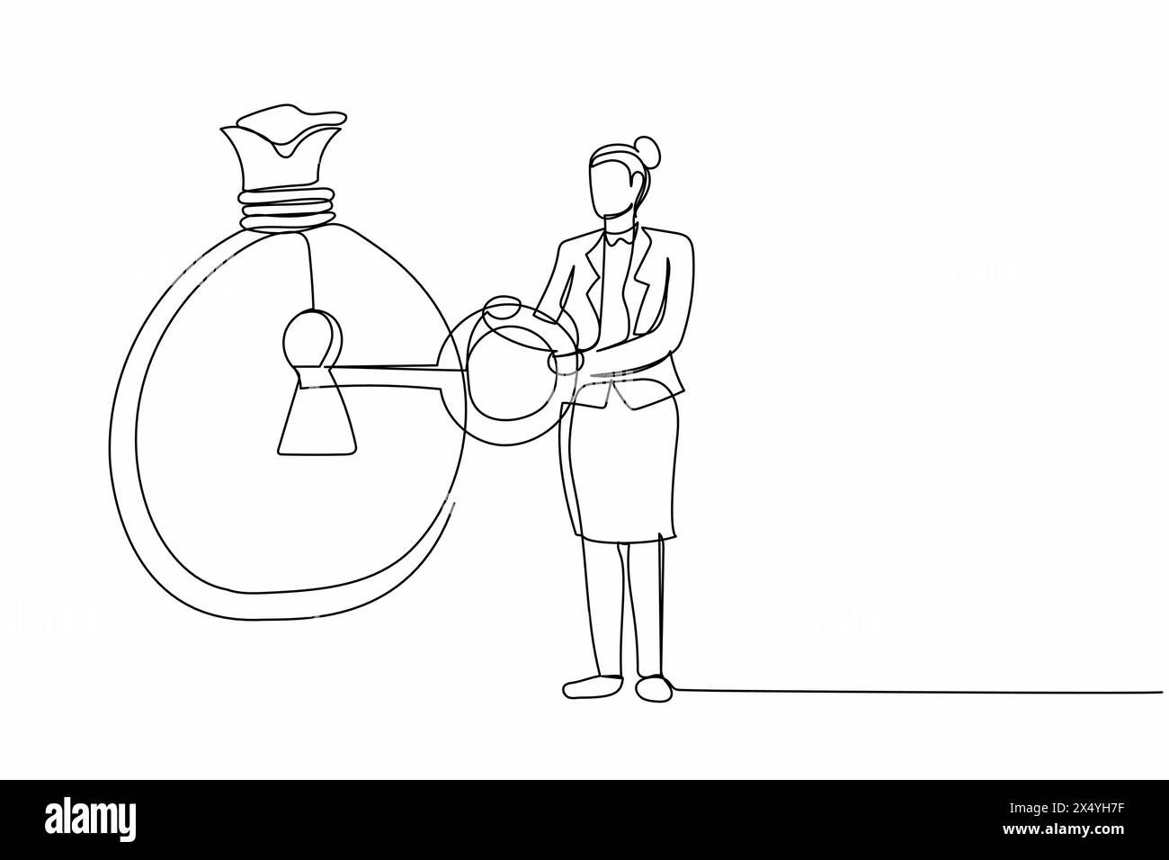 Continuous one line drawing businesswoman put key into money bag ...