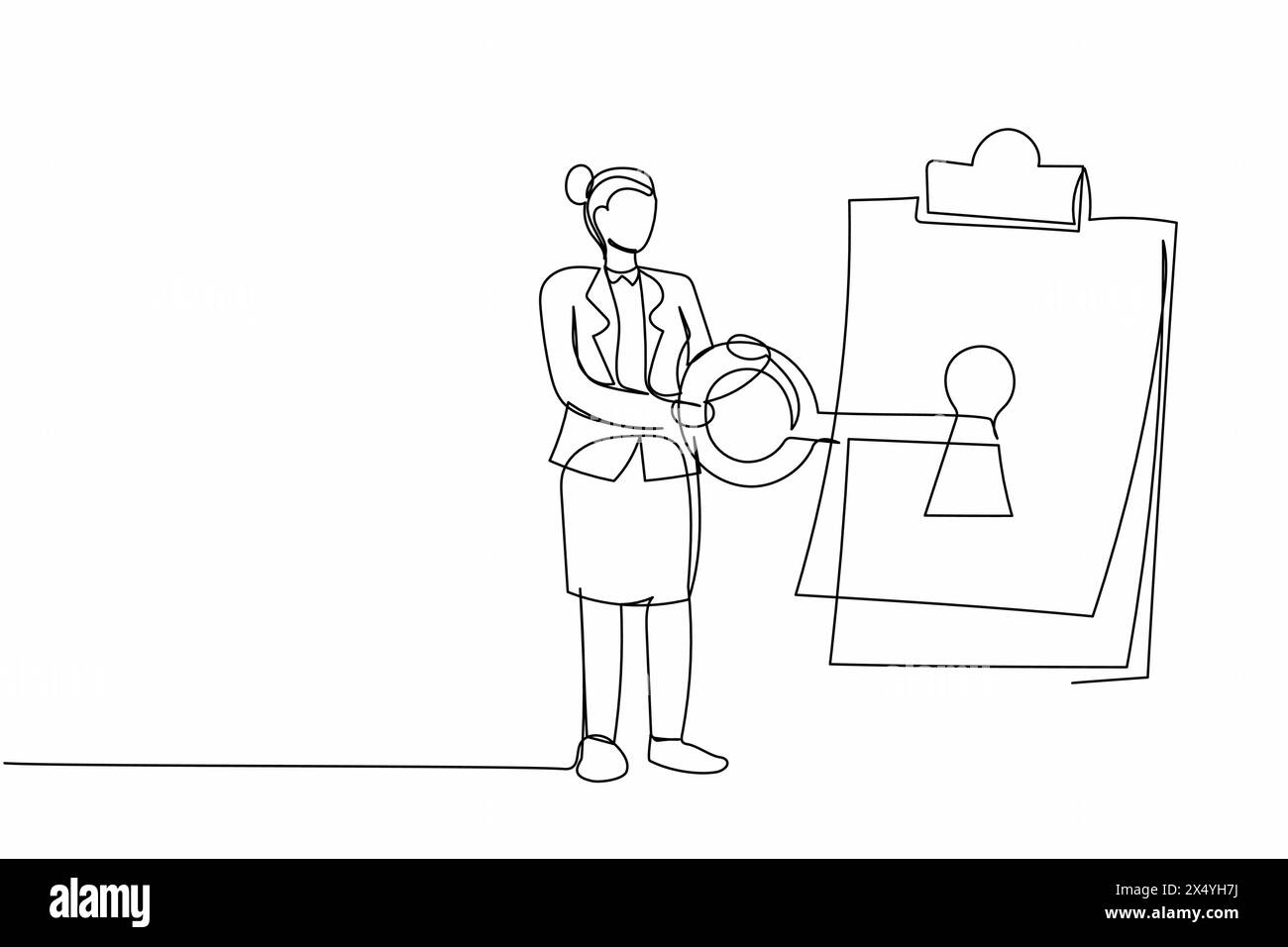 Continuous one line drawing businesswoman put key into clipboard ...