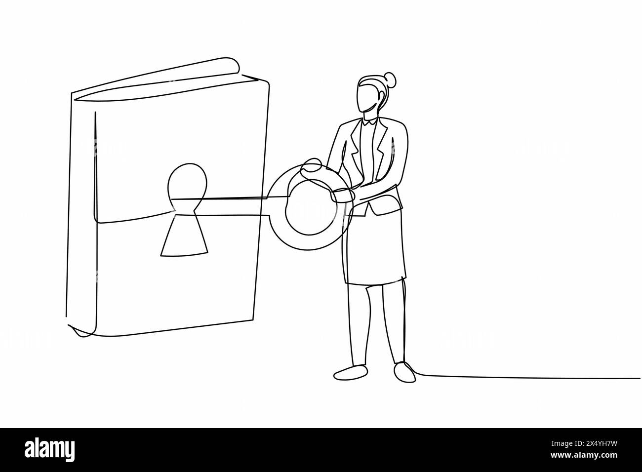 Single continuous line drawing intelligent businesswoman put key into ...