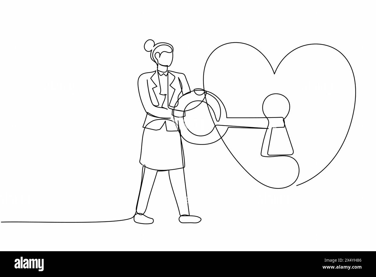 Single continuous line drawing lovely businesswoman putting big key ...