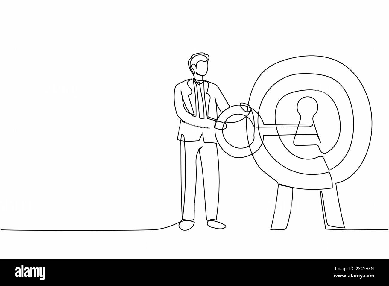 Single continuous line drawing businessman putting big key into ...